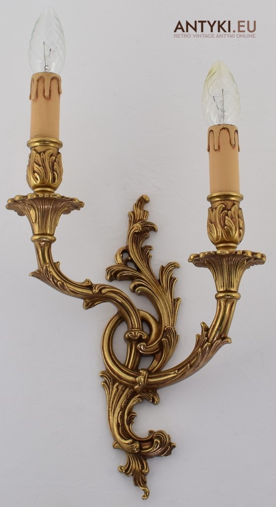 Antyk - złote kinkiety barokowe z brązu. Sygnowane lampy ścienne rococo ...